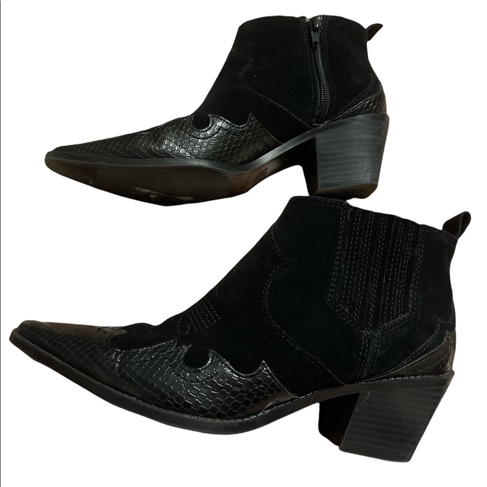 Zara Black Suede Leather Western Style Cowboy Booties - Gem